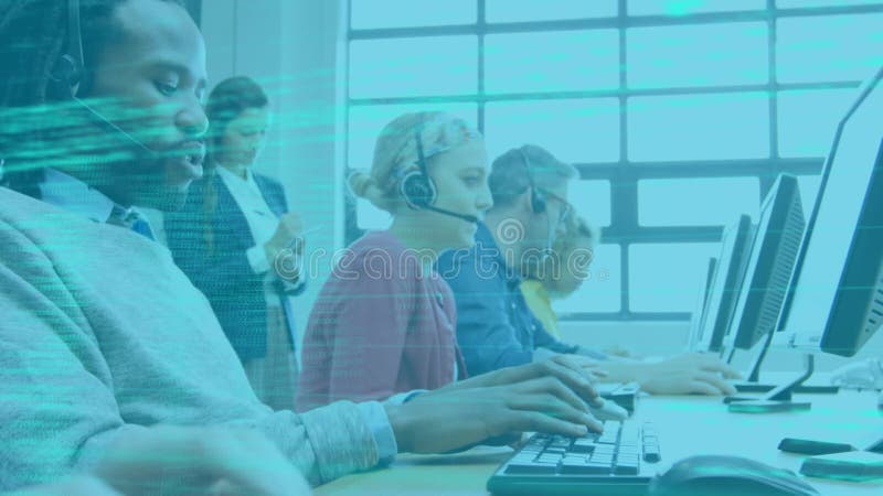 Animation of Group of Multi-ethnic Call Centre Workers Wearing Headsets ...