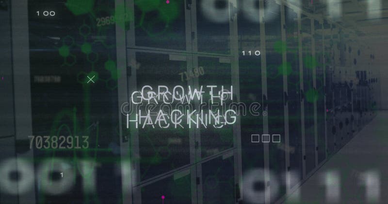 Animation of Growth Hacking Text, Changing Numbers, Binary Codes, Computer Language Over Server ...