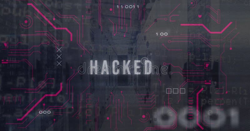 Animation of Hacked Text, Computer Language, Binary Codes, Circuit Board Pattern Over Server ...