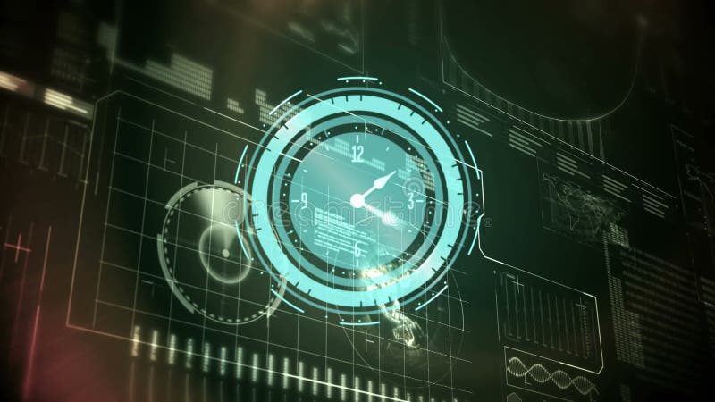 Animation of Hands Turning on Blue Clock Over Dark Interface with Globe ...