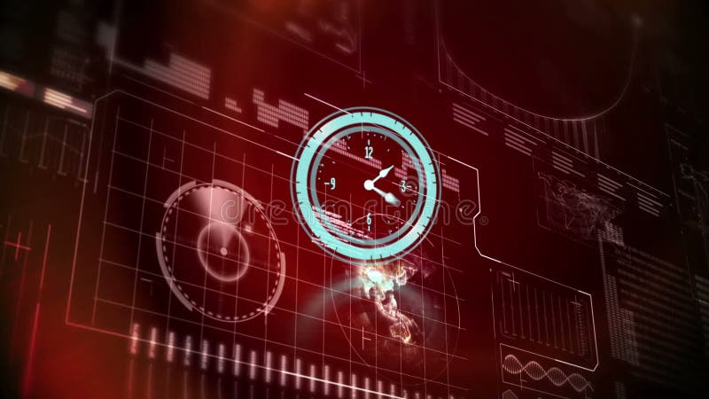 Animation of Hands Turning on Blue Clock Over Interface with Data ...