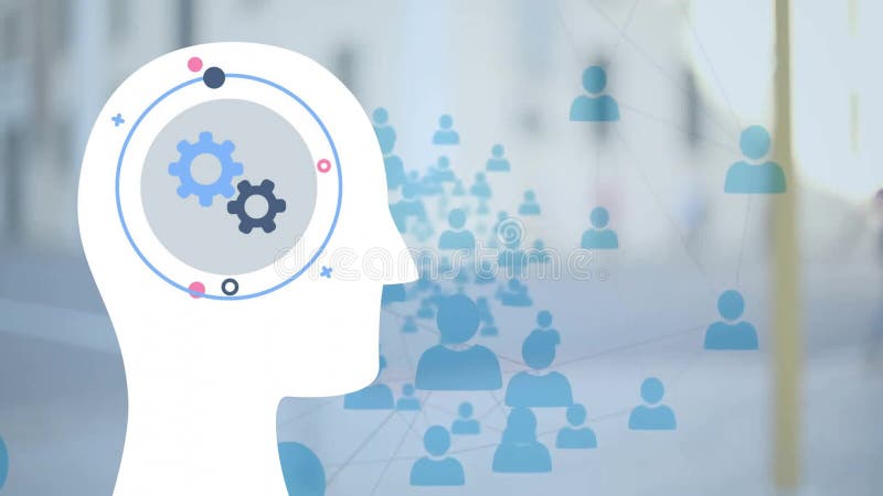 Animation of Head with Cogs and Network of Connections with People ...