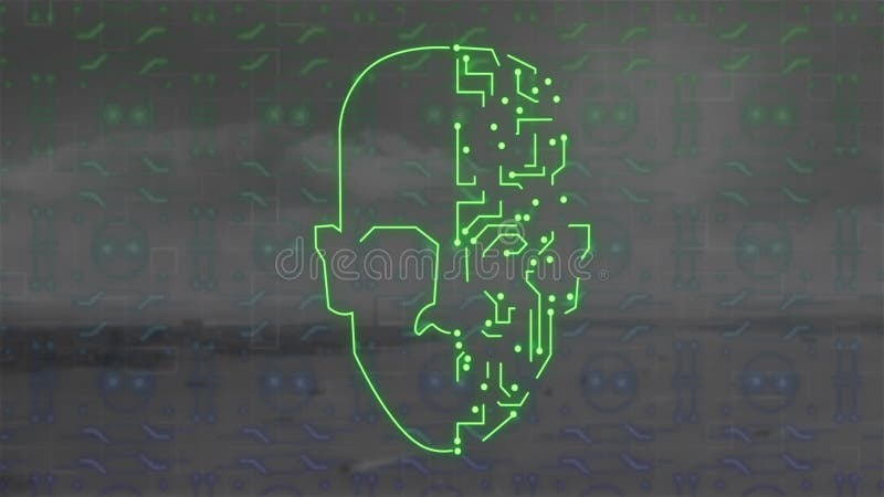 Animation of Head Silhouette with Computer Circuit Board Over Landscape ...
