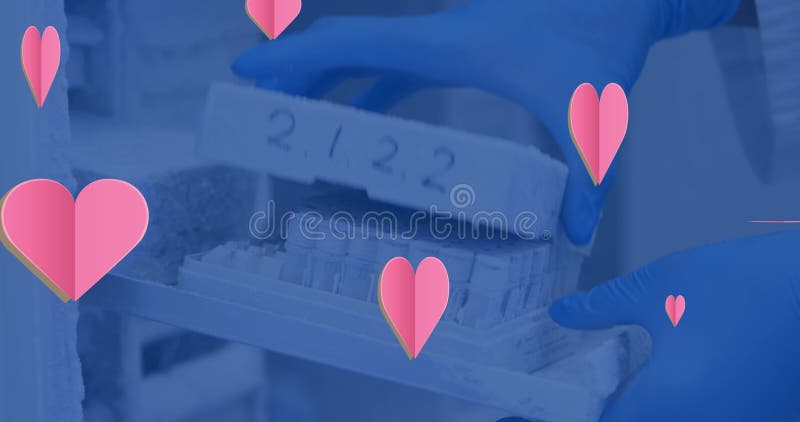 Animation of Hearts Falling Over Hands of Lab Worker with Samples Stock ...