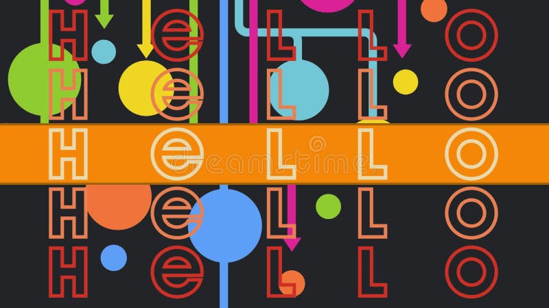 Animation of Hello Text Repeated Over Shapes on Black Background Stock ...