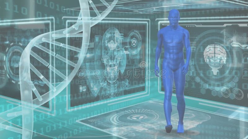 Animation of Hud Interface with Human Body, Brain and Dna Helix Over Binary Codes in Background ...
