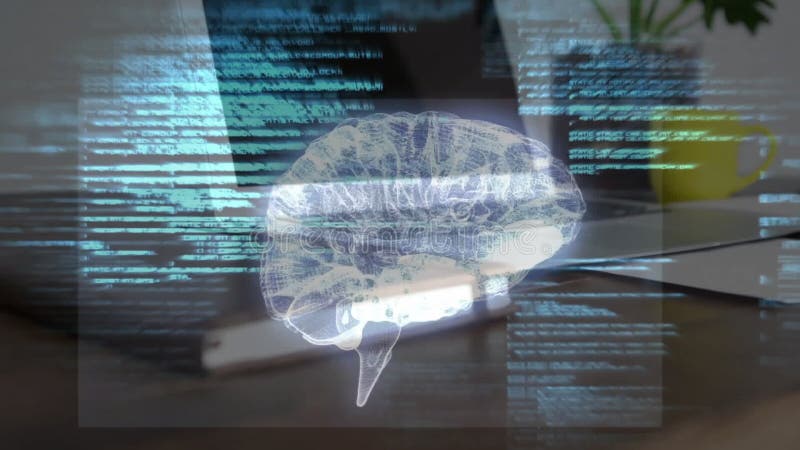Animation of Human Brain and Data Processing Over Computer on Desk ...