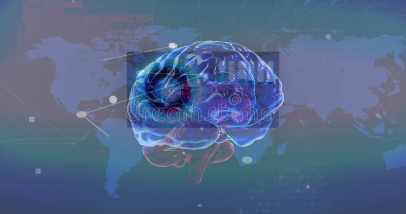 Animation of Human Brain, Data Processing Over World Map Stock Video ...