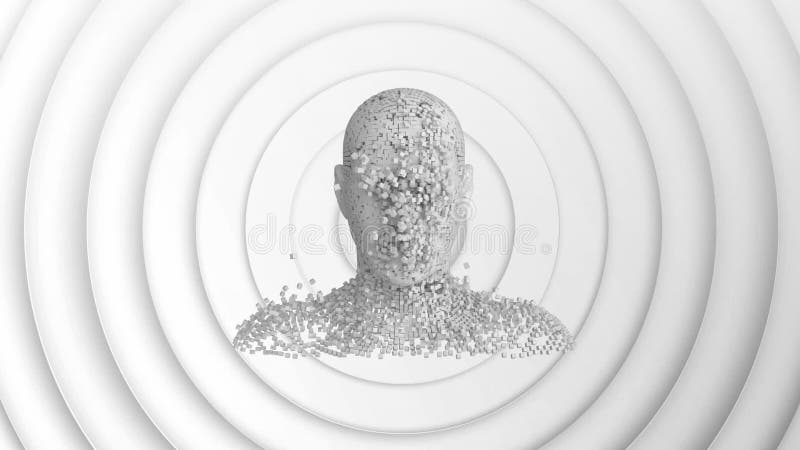 Animation of Human Head Formed with Exploding Particles on 3d White ...