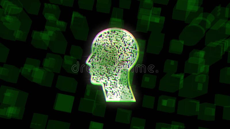 Animation of Human Head with Maze and Green Cubes on Black Background ...