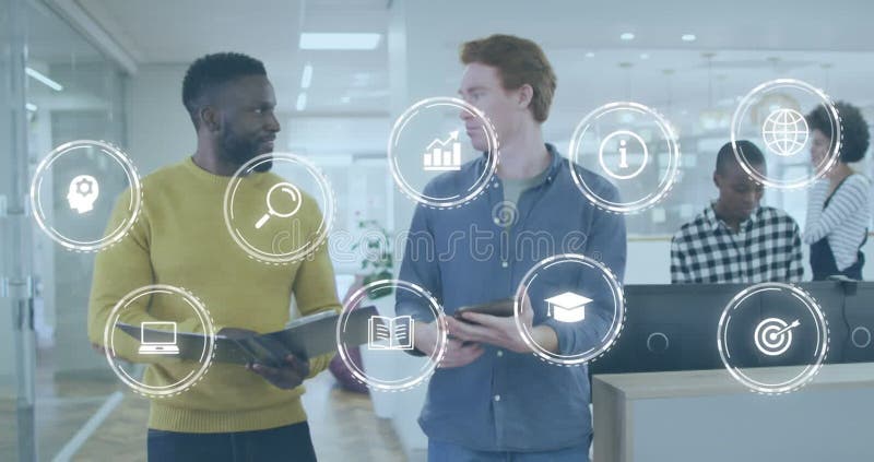 Animation of Icon in Circles Over Diverse Coworkers Sharing Ideas while ...