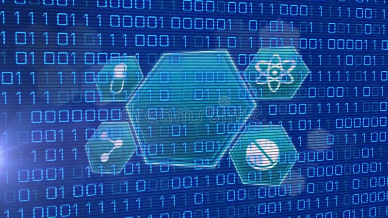 Animation of Icon in Hexagons Over Lens Flares Against Falling Binary Codes on Blue Background ...