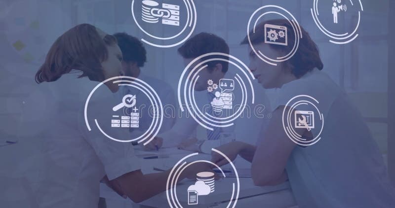 Animation of Icon in Loading Circles Over Diverse Coworkers Discussing ...