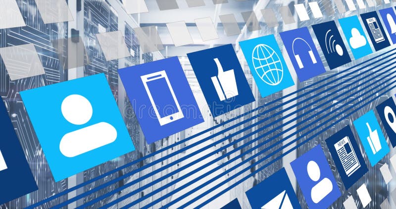 Animation of Icon in Squares Over Circuit Board Pattern on Server Racks ...