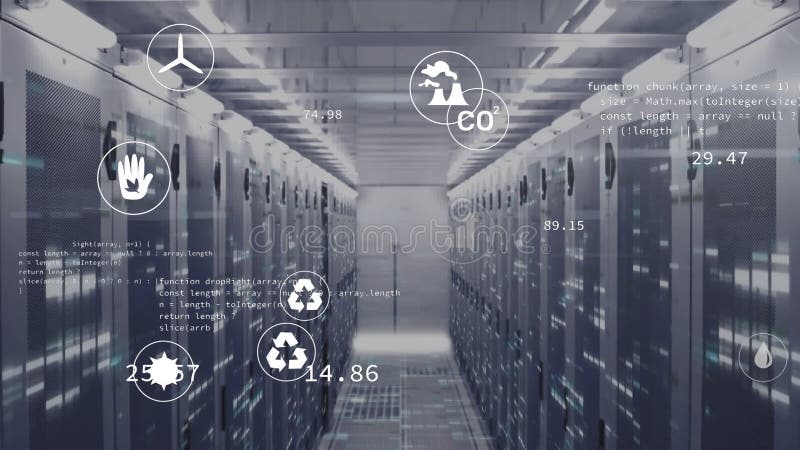 Animation of Icons and Computer Language Over Bars on Data Server Racks ...