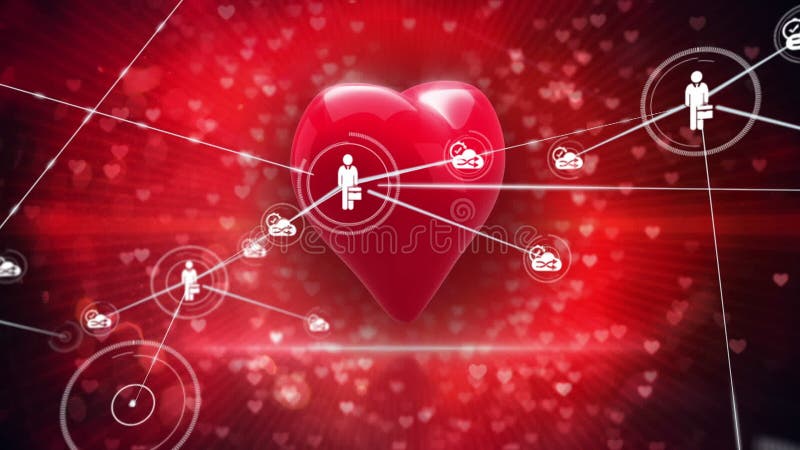 Animation of Icons Connected with Lines Over Exploding Heart Over Red ...