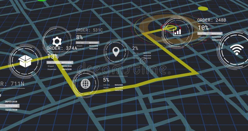 Animation of Icons with Data Processing Over City Map Stock Video ...