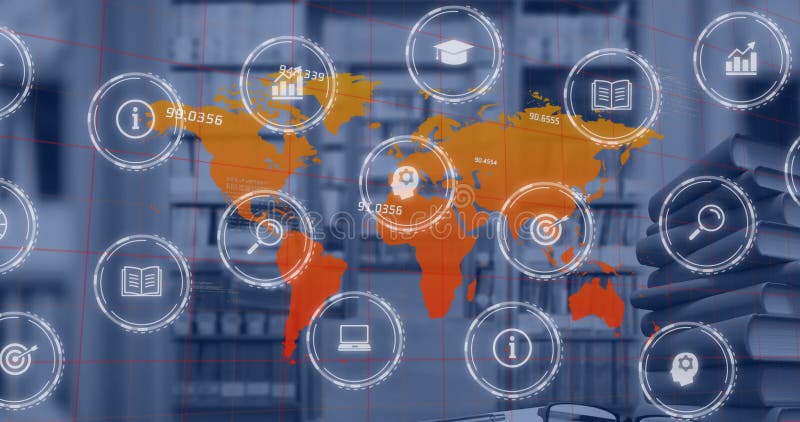 Animation of Icons and Data Processing Over World Map and Library Stock ...