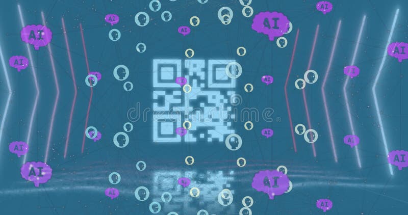 Animation of Icons Forming Globe, Ai Texts in Brains Over Qr Code ... Animation of Icons Forming Globe, Ai Texts in Brains Over Qr Code ...