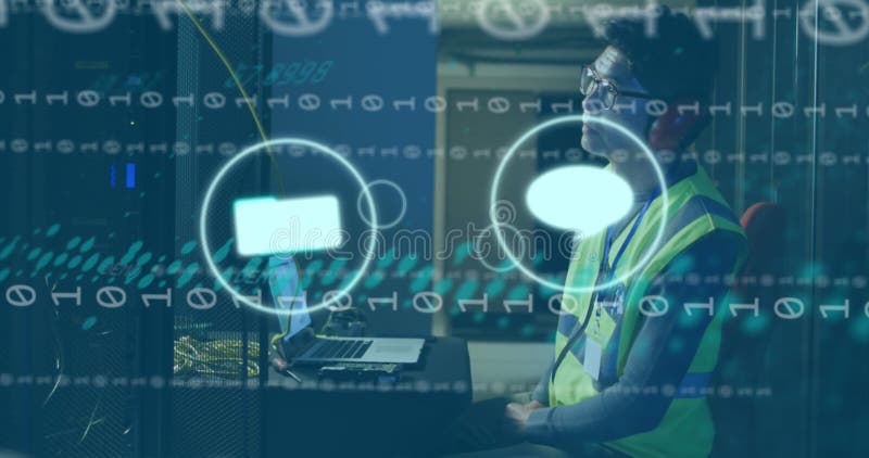 Animation of Icons, Graph, Globe, Binary Codes, Asian Male Engineer ...