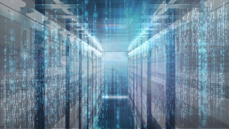 Animation Of Illuminated Computer Language And Binary Codes Over Data Server Racks Stock Video