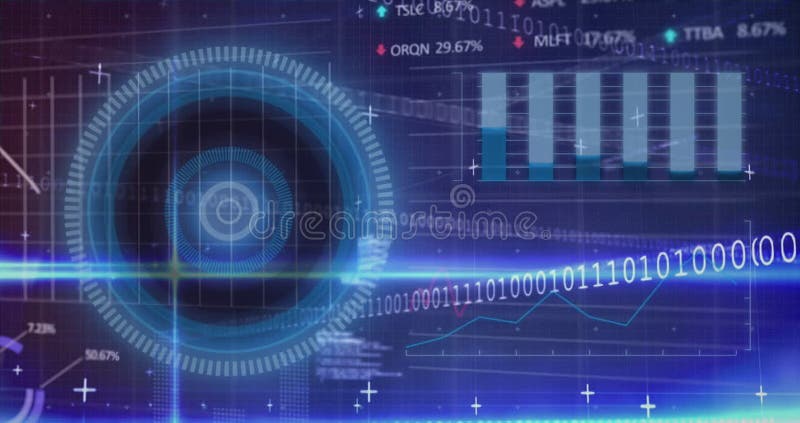 Animation Of Illuminated Lines Over Programming Language Binary Codes Circles And Trading