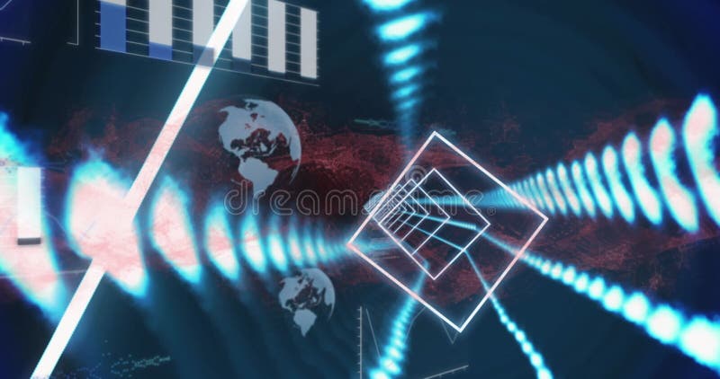 Animation Of Illuminated Squares And Circles Moving Over Globe Graphs And Computer Language