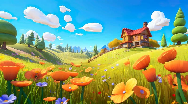 An Animation Illustration House in the Middle of a Field with Flowers ...