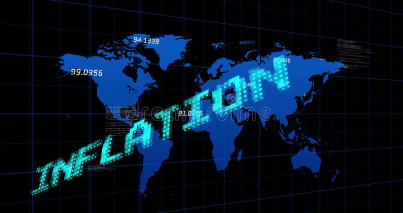 Animation of Inflation Text in Blue Over Blue World Map and Processing ...