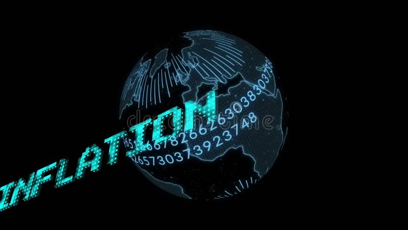 Animation of Inflation Text in Blue Over Globe and Processing Data on ...