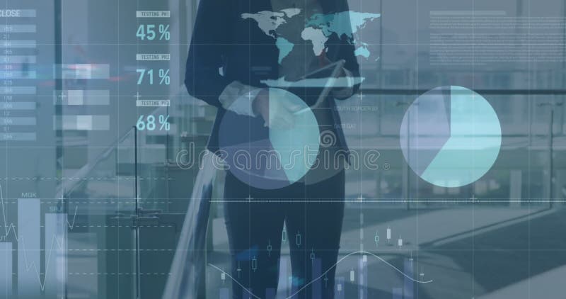 Animation of Infographic Interface, African American Man Standing and ...