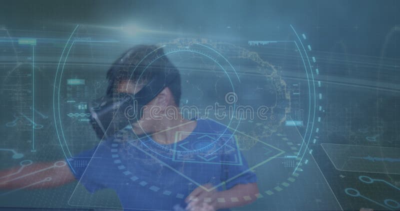 Animation of Infographic Interface and Cells Over Caucasian Boy Playing ...