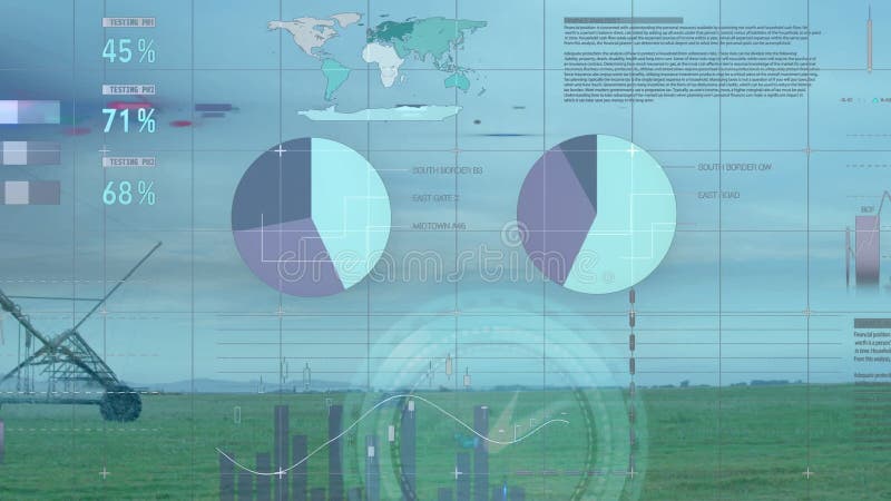 Animation of Infographic Interface with Data, Clock Over View of Lush ...