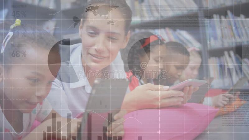 Animation of Infographic Interface, Diverse Female Teacher Looking at ...