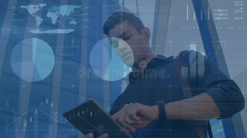 Animation of Infographic Interface, Low Angle View of Biracial Man ...