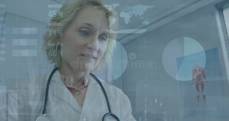 Animation of Infographic Interface, Low Angle View of Female Doctor ...