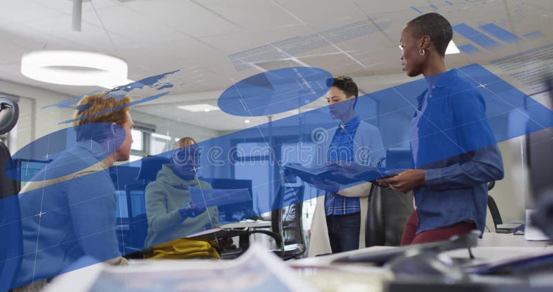 Animation of Infographic Interface and Multiracial Coworkers Discussing ...