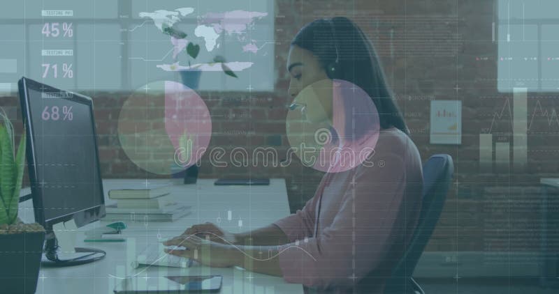 Animation of Infographic Interface Over Asian Customer Representative ...