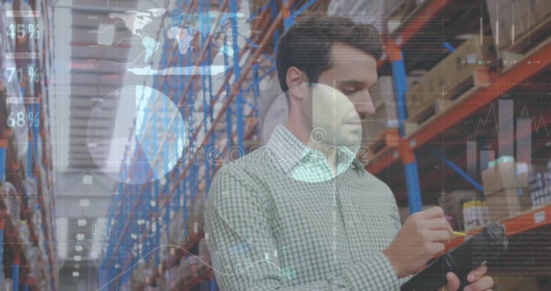 Animation of Infographic Interface Over Caucasian Man Checking ...