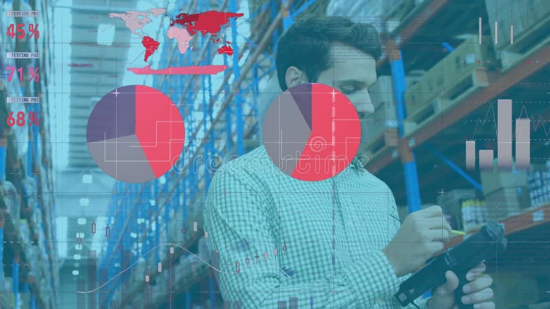 Animation of Infographic Interface Over Caucasian Man Noting Inventory ...