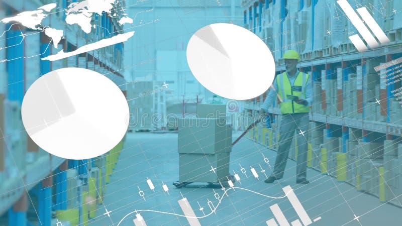 Animation of Infographic Interface Over Caucasian Man Pulling Trolley ...