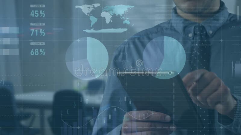 Animation of Infographic Interface Over Caucasian Man Scrolling on ...