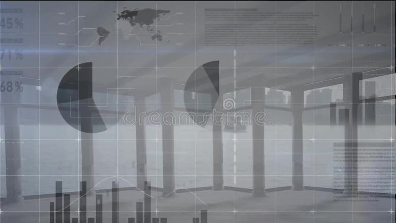 Animation of Infographic Interface Over City View through Glass Windows ...