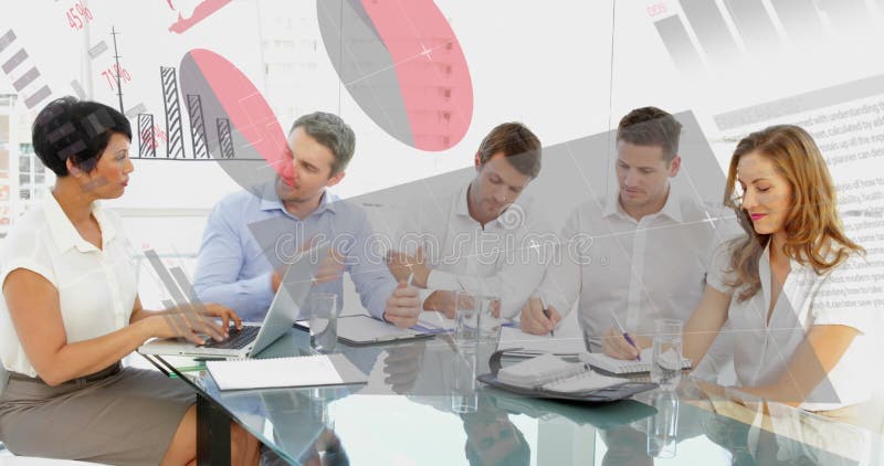 Animation of Infographic Interface Over Diverse Coworkers Sharing Ideas ...