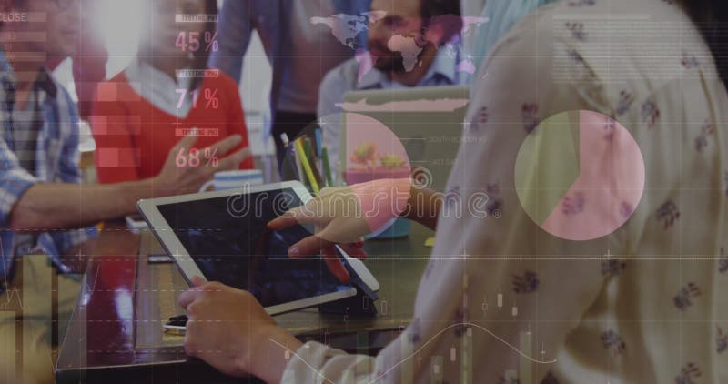 Animation of Infographic Interface Over Diverse Coworkers Sharing Ideas ...