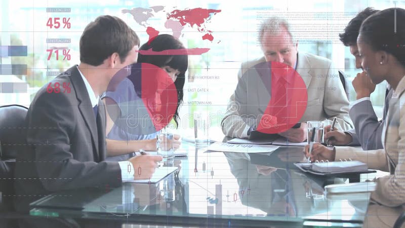 Animation of Infographic Interface Over Diverse Coworkers Sharing Ideas ...