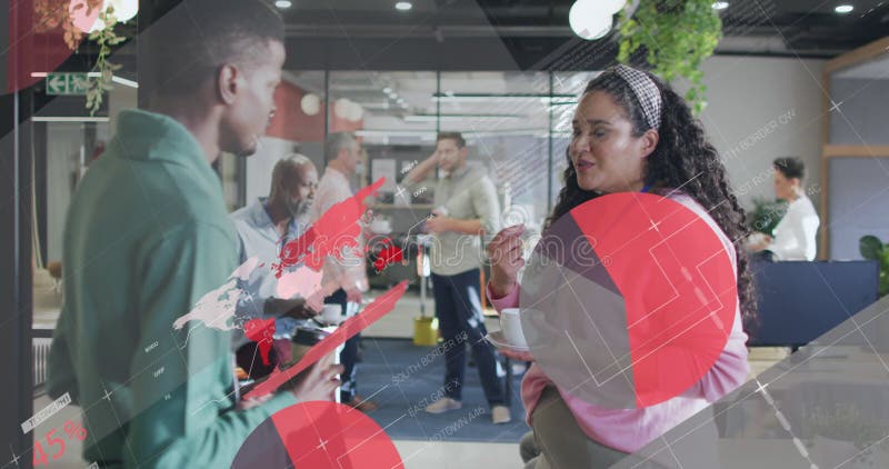 Animation of Infographic Interface Over Diverse Coworkers Sharing Ideas ...