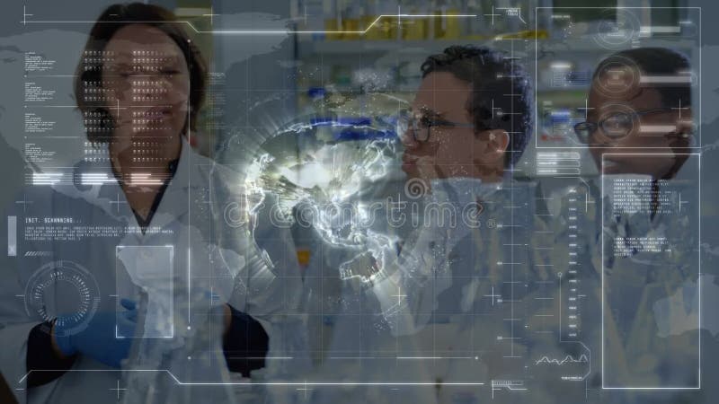 Animation of Infographic Interface Over Diverse Scientists Discussing ...