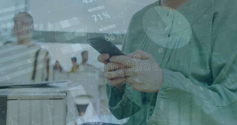 Animation of Infographic Interface Over Midsection of Caucasian Woman ...