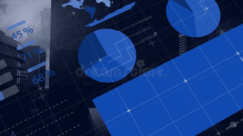 Animation of Infographic Interface Over Multiple Buildings Against ...